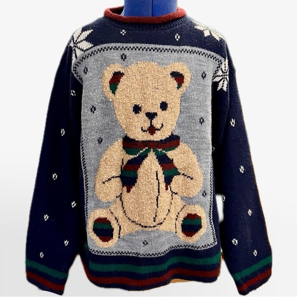 Basic Editions | Shirts & Tops | Vintage 8s 90s Kids Teddy Bear Knit Sweater Navy Blue Brown ...